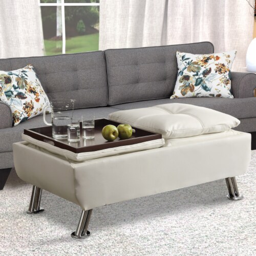 Faux Leather Ottoman with Reversible Tray Tops White Saltoro Sherpi 1 unit Mariano s