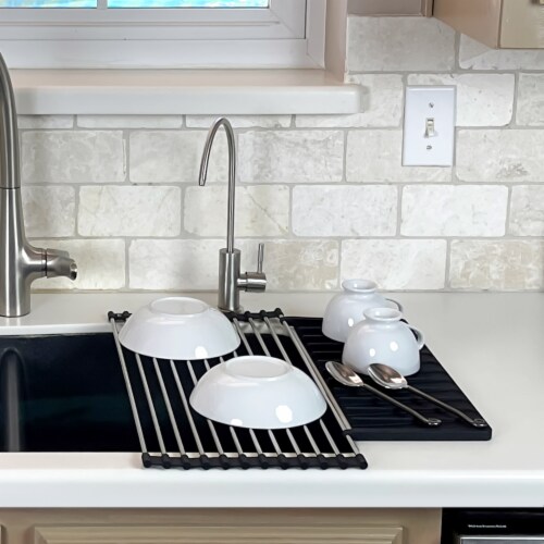 Grand Fusion Over Sink Roll Up Dish Drying Rack With Silicone Drip Tray