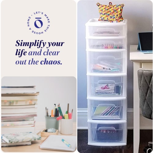 Homz Plastic 6 Clear Drawer Medium Home Storage Container Tower White