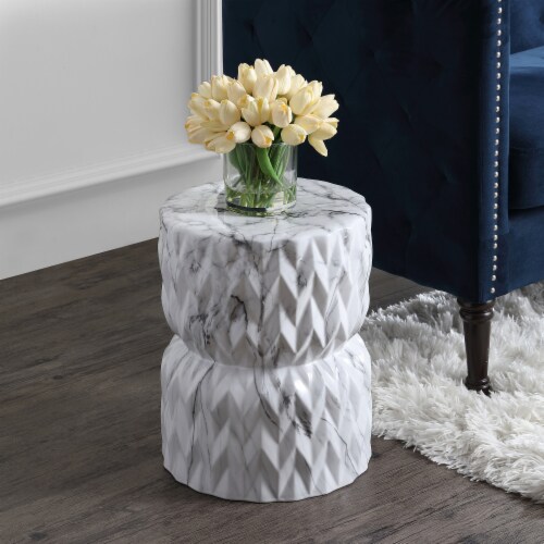 Chevron Drum White Marble Finish Ceramic Garden Stool 13.5Wx13.5Dx17.5H Foods Co