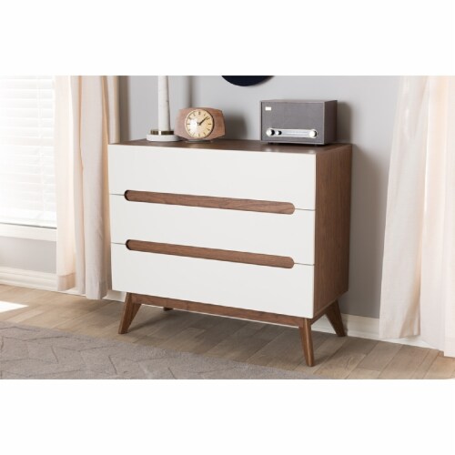 Baxton Studio Calypso Mid Century Modern White and Walnut Wood 3 Drawer Storage Chest 1 unit Harris Teeter