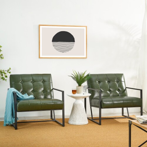 Mid Century Modern Hunter Green Leatherette Button tufted Accent Arm Chair with Metal Frame Set of One Ralphs