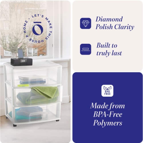 Homz Plastic 3 Clear Drawer Small Rolling Storage Container Tower