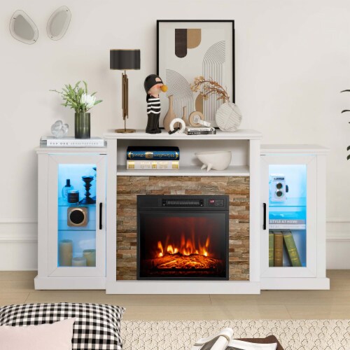 Tv stand with led lights and fireplace store