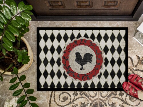 Carolines Treasures Sb3086mat Rooster Harlequin Black And White Doormat