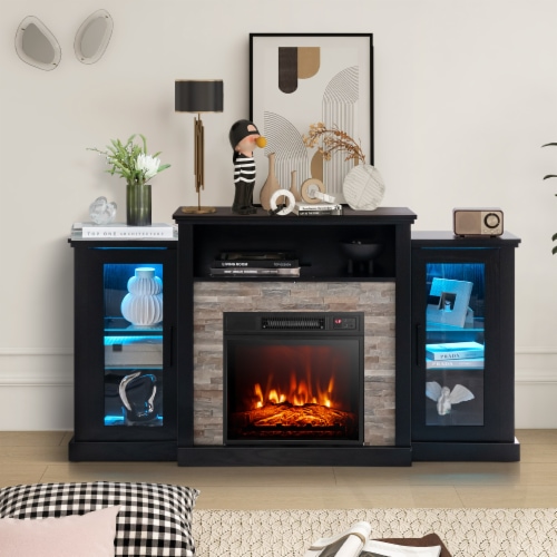 Tv stand with led lights and fireplace store