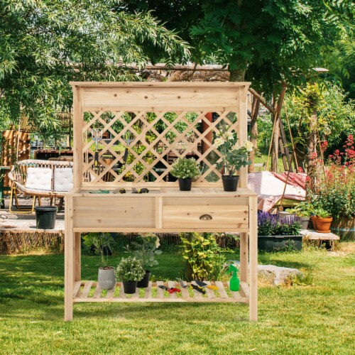 Gymax Wood Raised Garden Bed W Trellis Elevated Planter Box W Storage