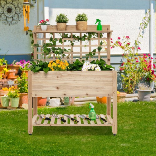 Gymax Raised Garden Bed Mobile Elevated Wooden Planter Box W Wheels