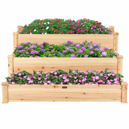 Gymax Outdoor Garden 3 Tier Wooden Elevated Raised Vegetable Planter