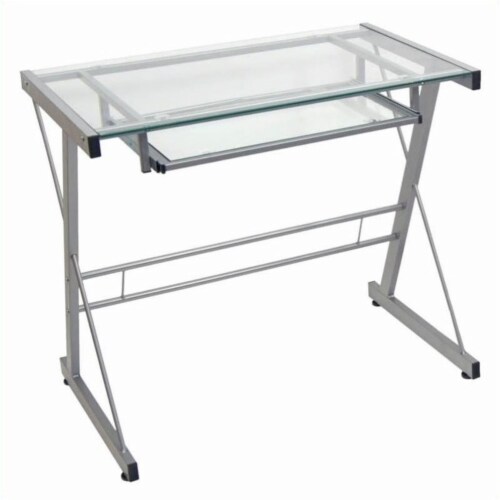 Walker Edison Solo Small Glass Top Modern Steel Metal Computer Desk in Silver 1 Foods Co