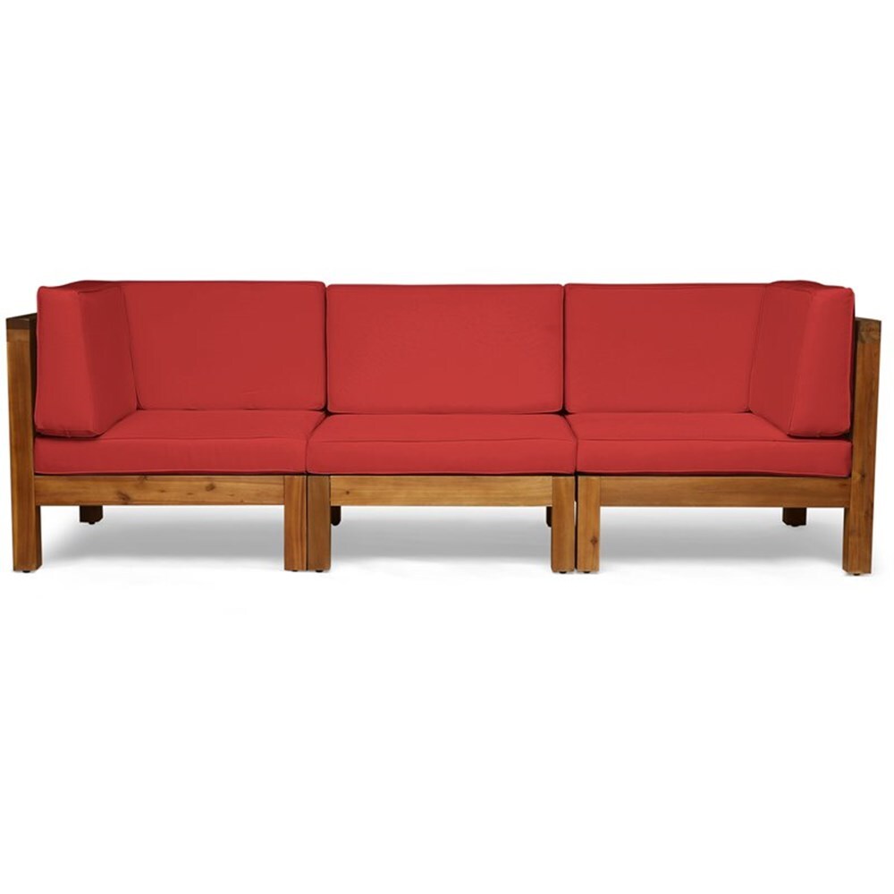 Noble House Oana Outdoor Modular Acacia Wood Sofa with Cushions Teak and Red 1 Jay C Food Stores