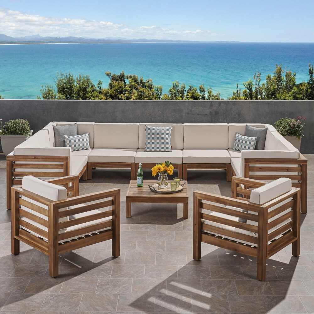 Emma Outdoor 11 Seater Acacia Wood Sectional Sofa and Club Chair Set teak beige 1 unit City Market