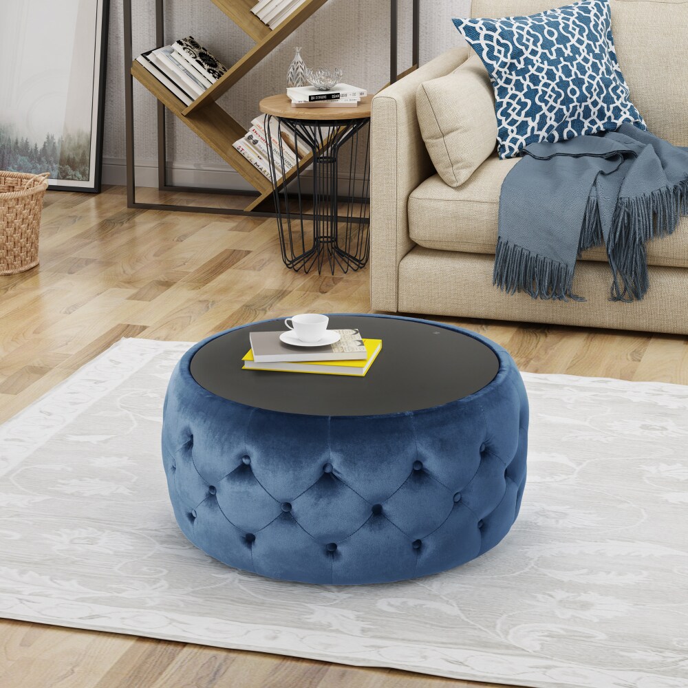 Simplie Fun Modern Glam Velvet Ottoman with Button Tufted Stitch and Glass Top 1 count Gerbes Super Markets